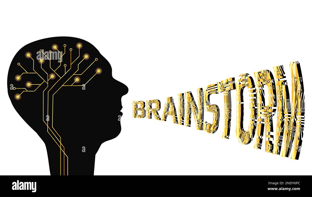 Silhouette of human head with digital brain and word brainstorm from ...