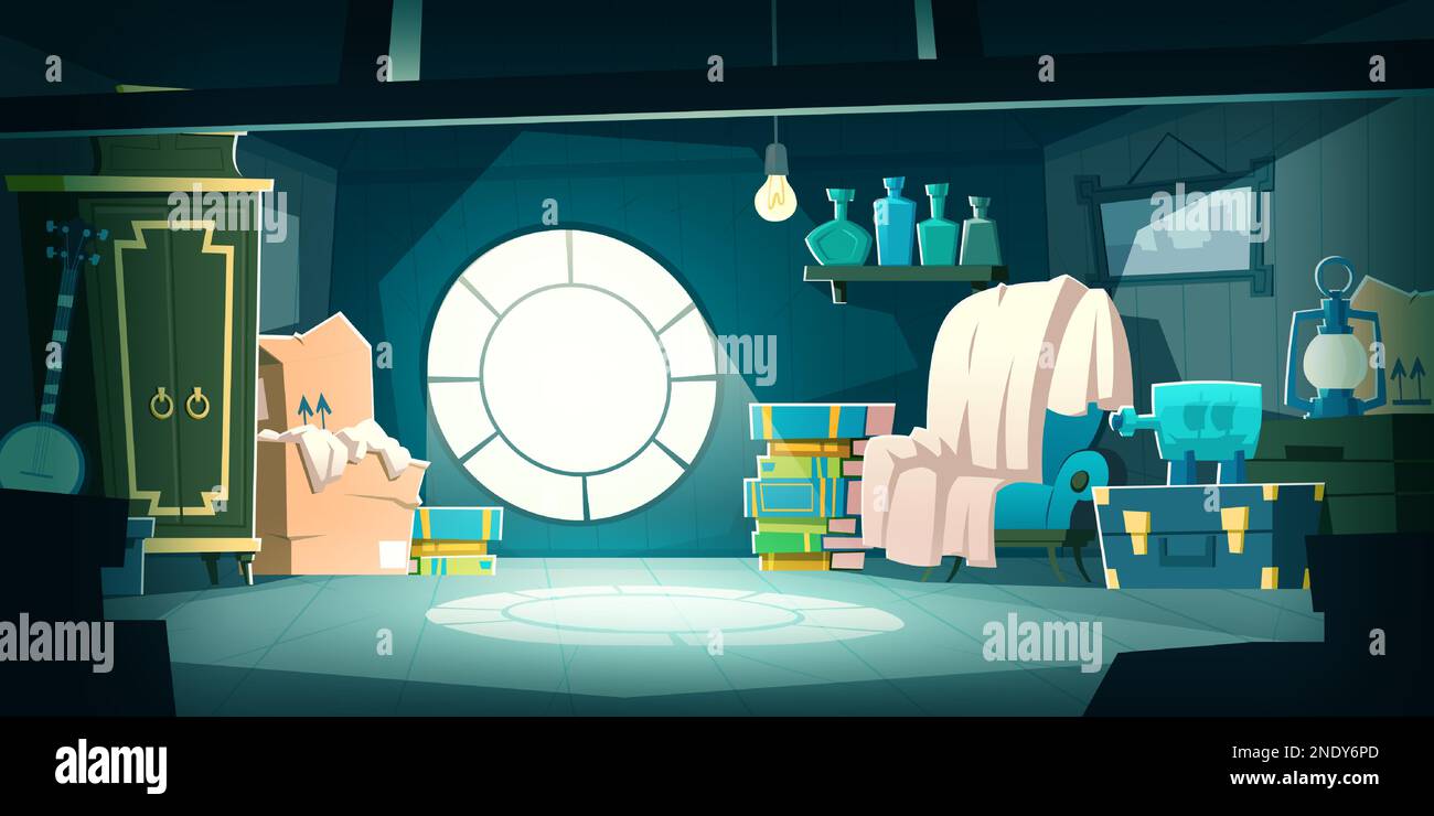 House attic with old furniture at night, cartoon vector background ...
