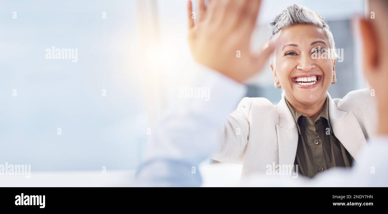 Mockup, woman and employees with high five, partnership and celebration ...
