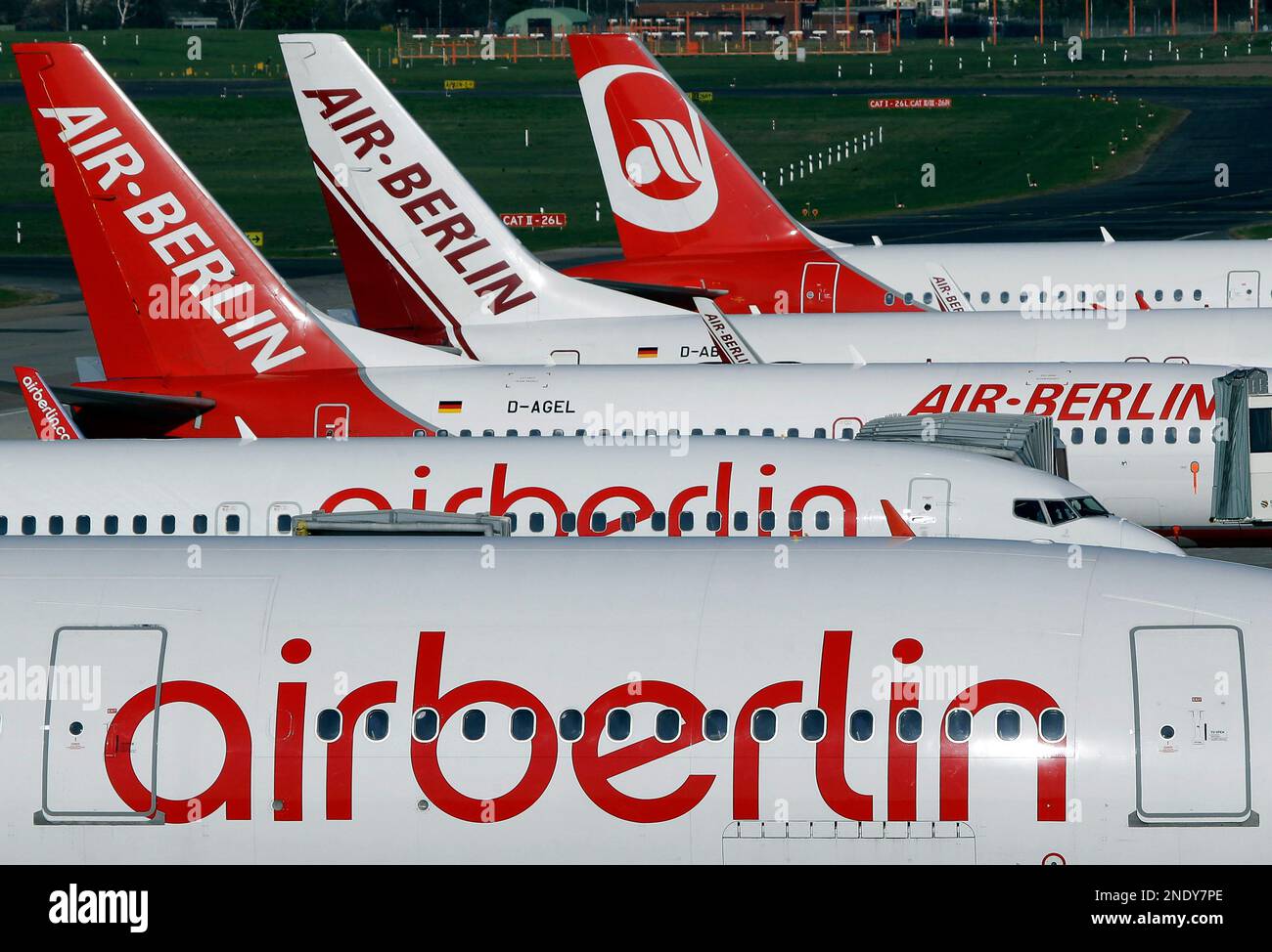 Airplanes of the German airline Airberlin are lined up in parking ...