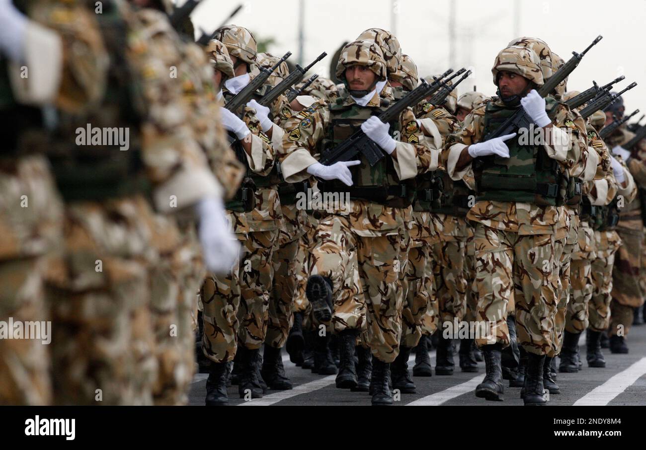 Iranian army members, march, during a parade ceremony marking National ...