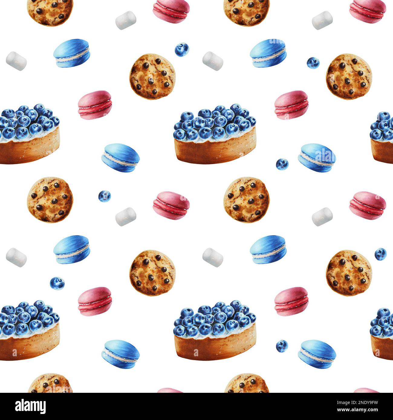 Watercolor seamless pattern with biscuits, meringue, marshmallows ...