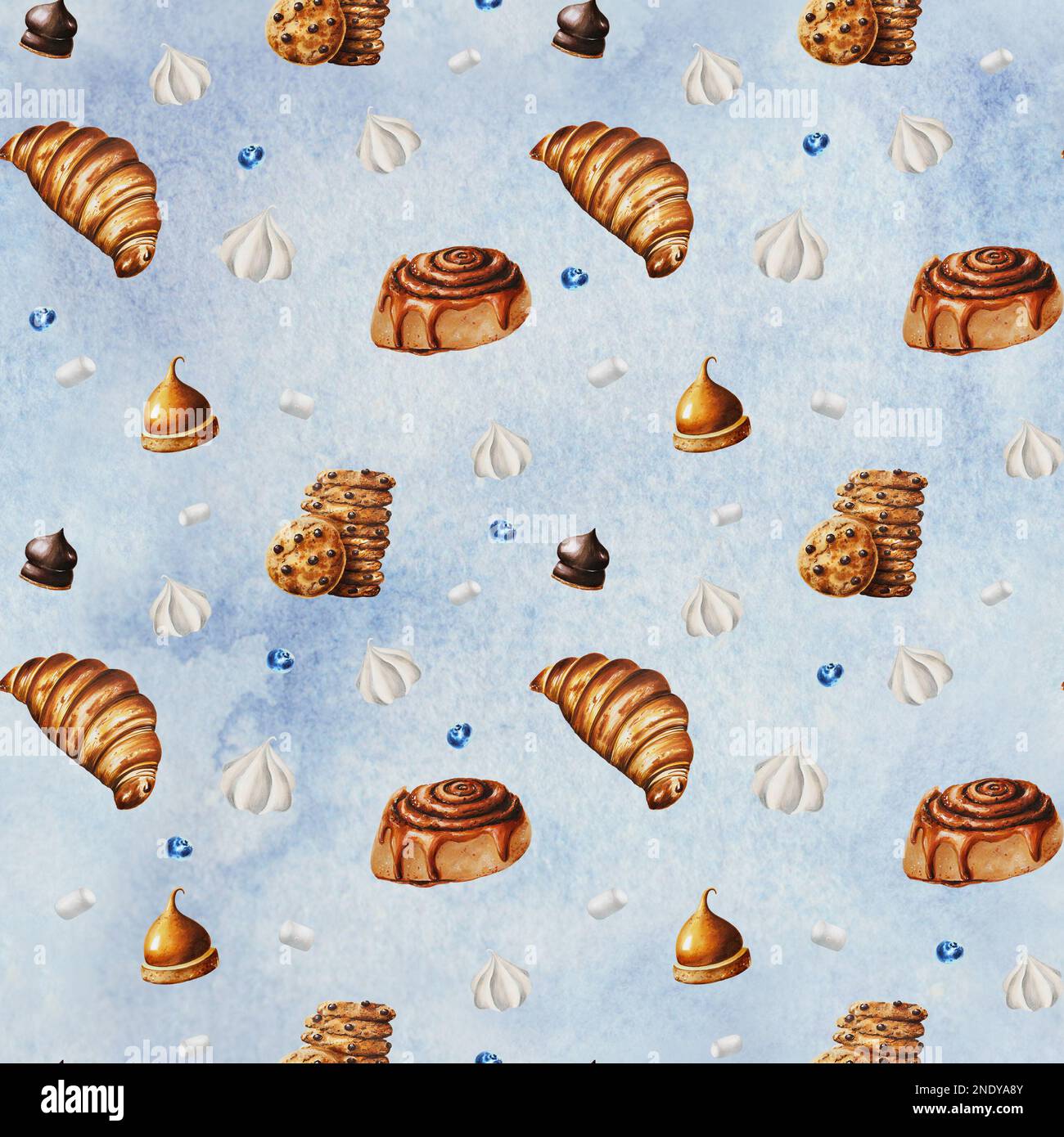 Watercolor seamless pattern with biscuits, meringue, marshmallows ...
