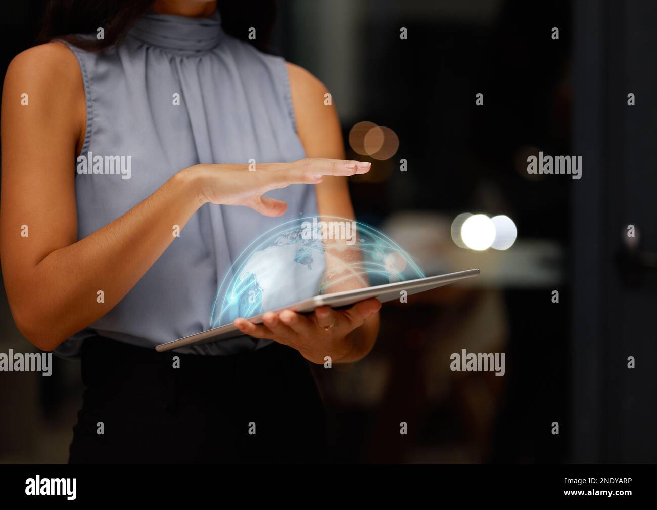 World tablet overlay, woman hand and global hologram for international ...