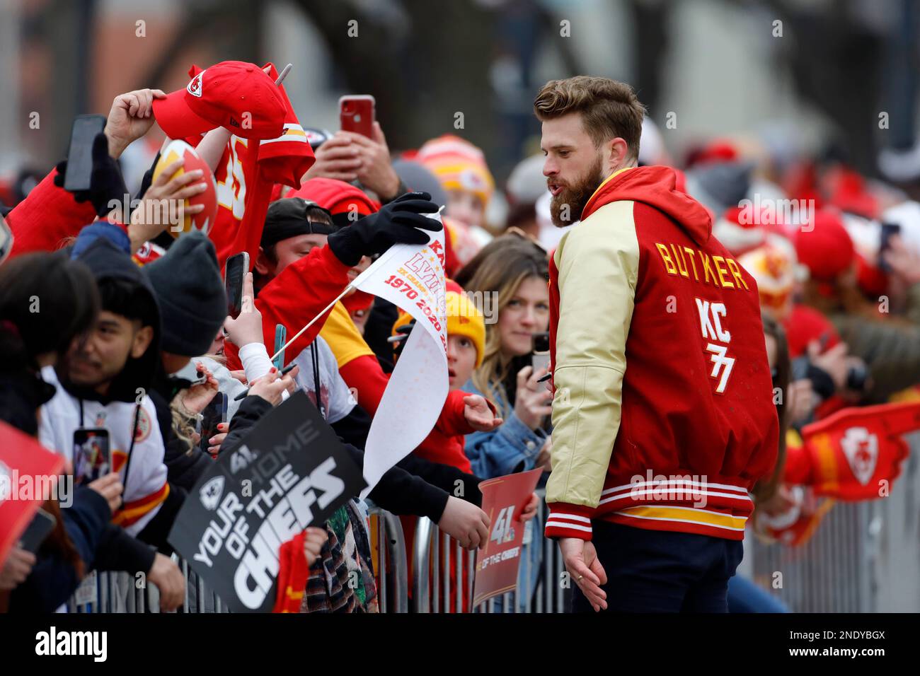 Kansas City Chiefs place kicker Harrison Butker visits with fans while ...