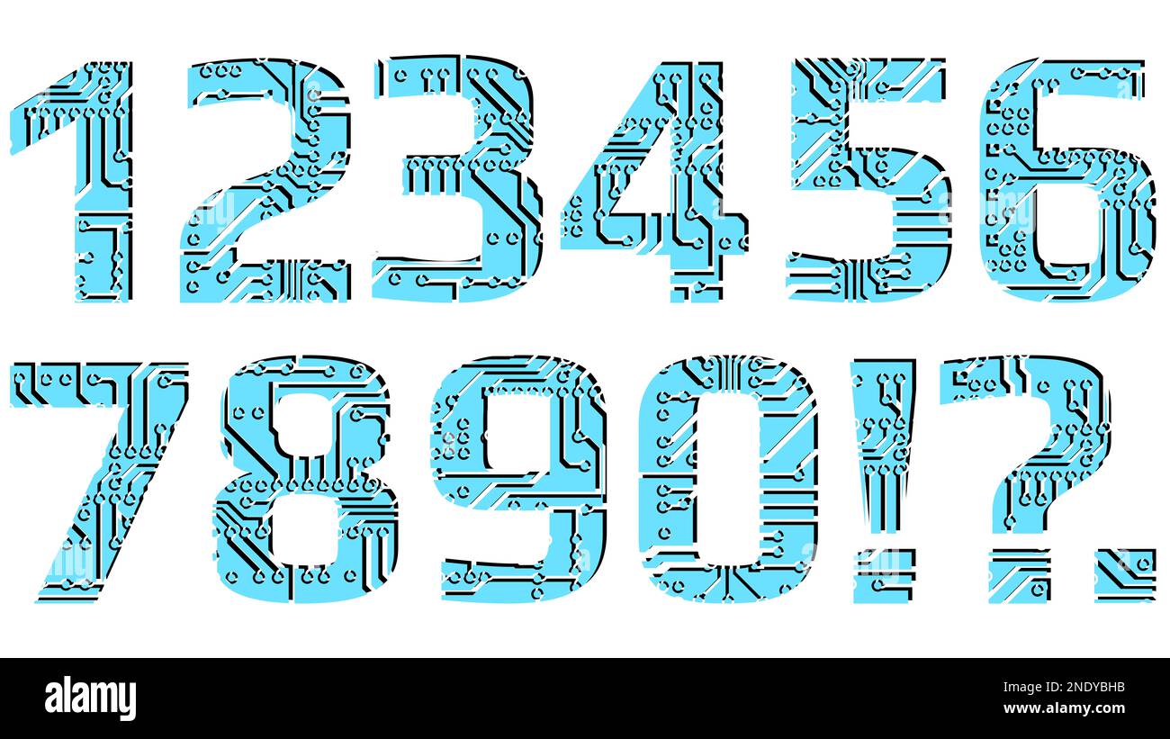 Set of digits in digital style perforated with PCB circuit board tracks ...