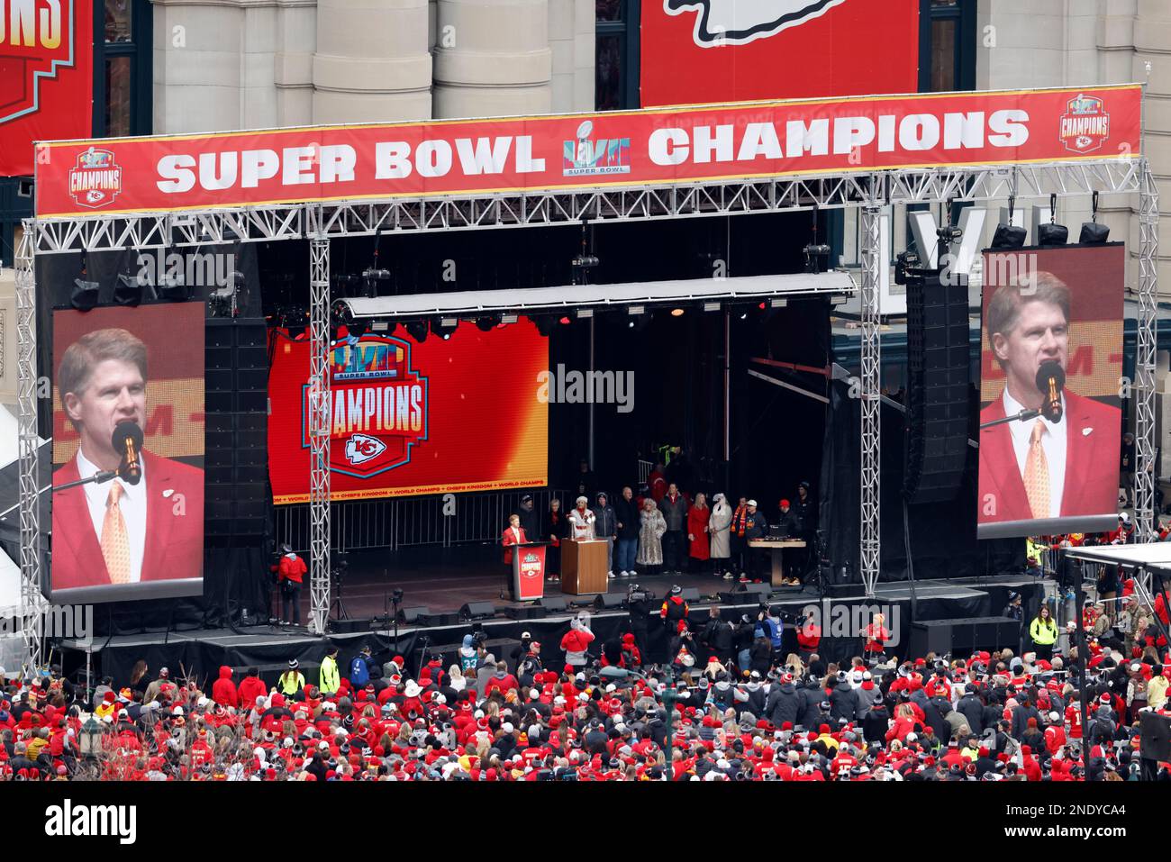 Kansas City Chiefs owner Clark Hunt speaks at a victory rally in Kansas ...
