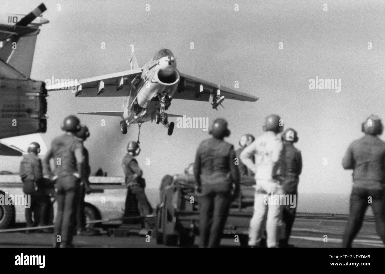 An A-7 Corsair comes in for a landing on the USS Saratoga after ...