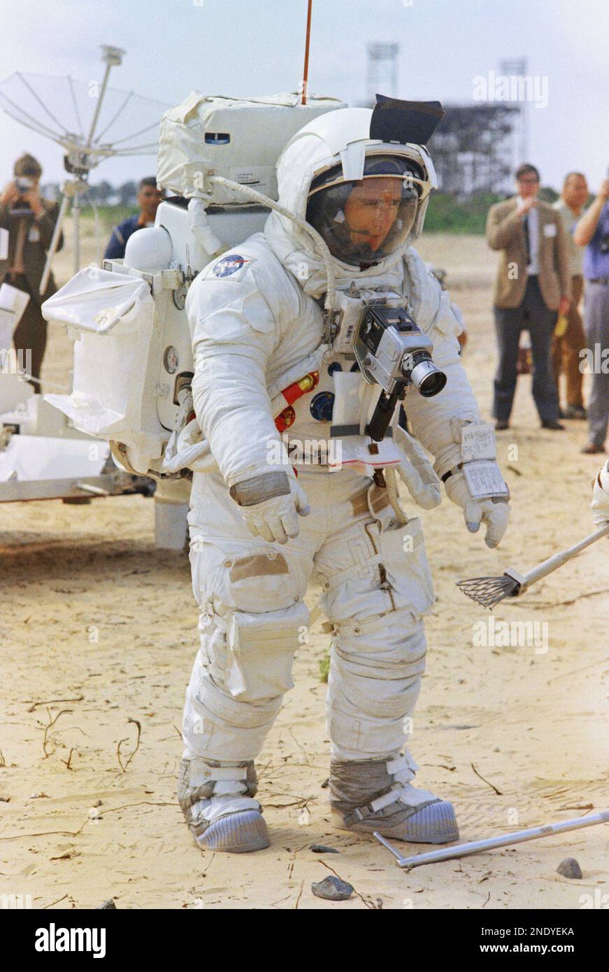 James R. Irwin, Apollo 15 astronaut, gets suited up for start of EVA (extra-vehicular activity ...