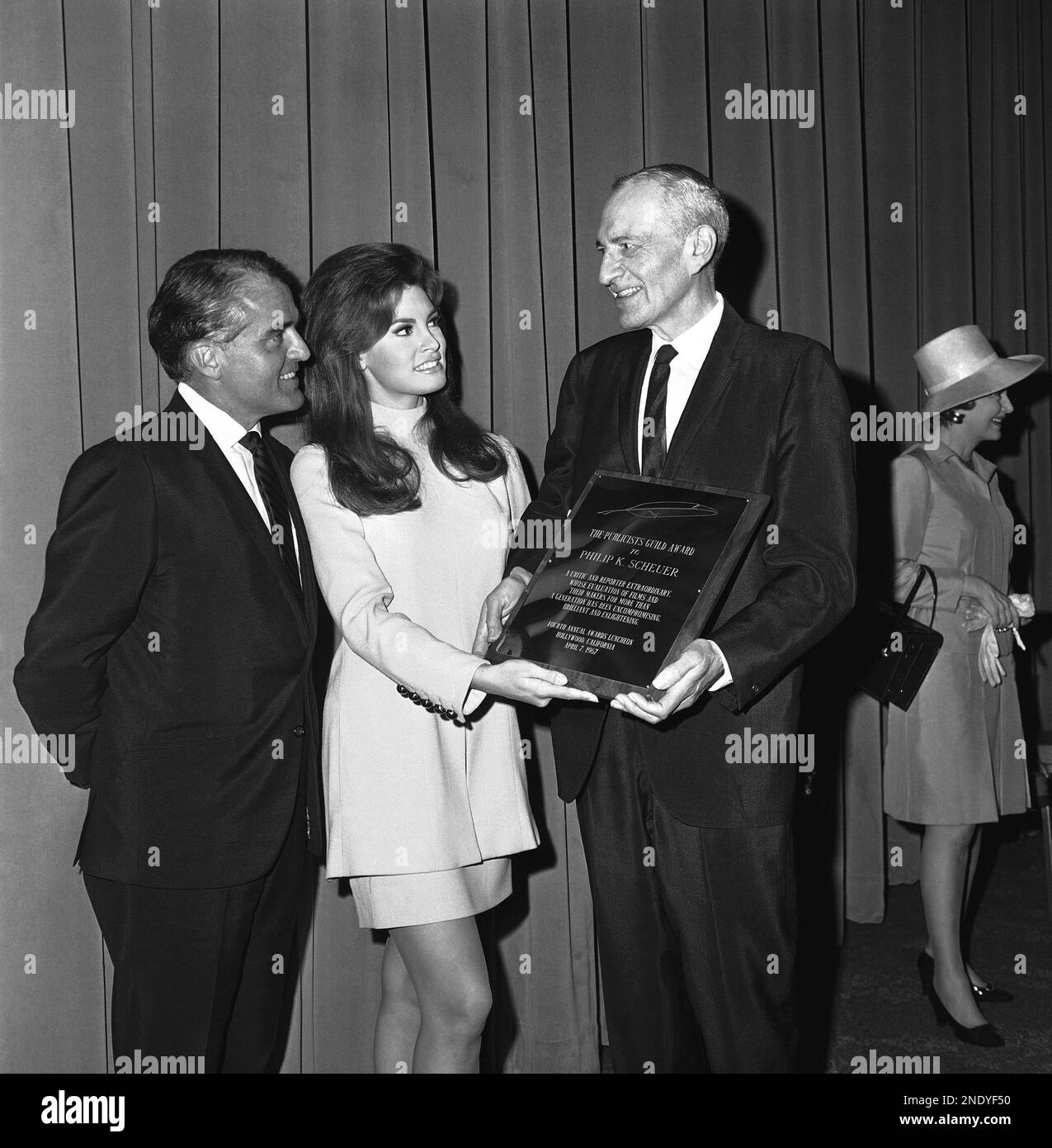 Actress Raquel Welch with Philip K. Scheuer, motion picture columnist ...