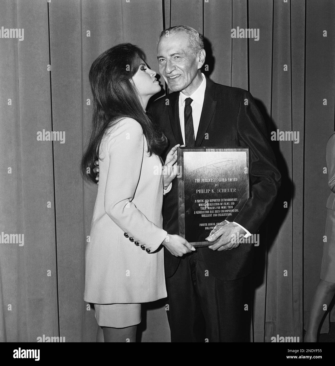 Actress Raquel Welch with Philip K. Scheuer, motion picture columnist ...