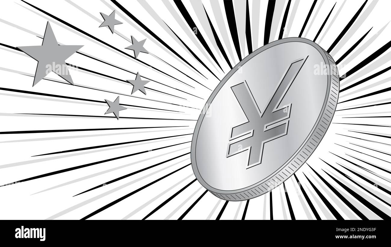 Coin with Chinese currency Yuan CNY sign in rays and stars from flag of ...