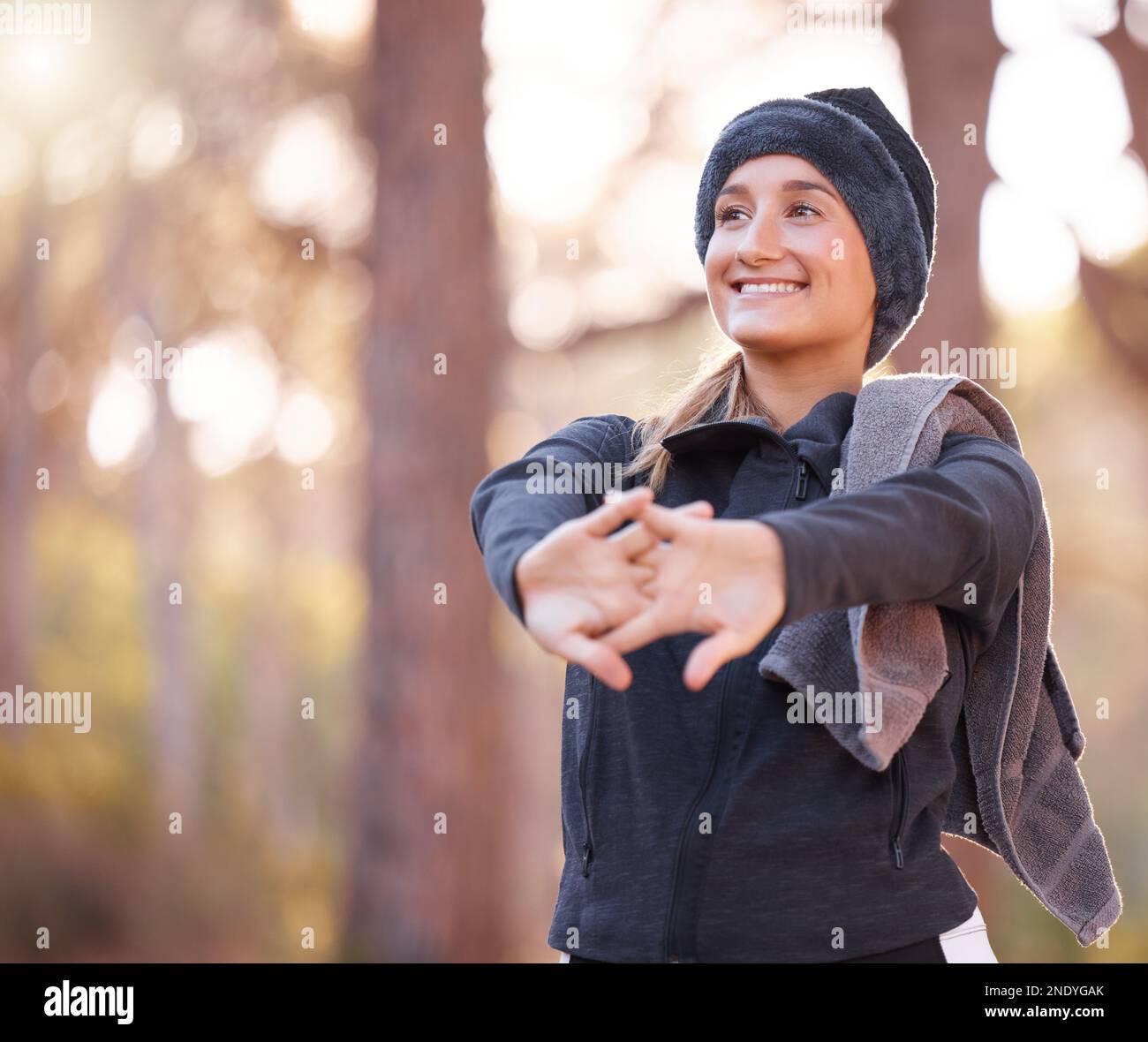 Hiking, stretching and mockup with a woman in nature, outdoor for a ...