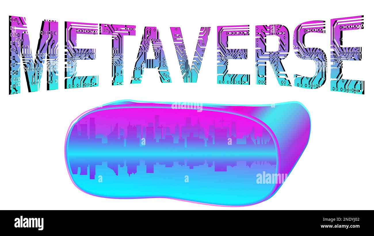Virtual reality glasses with futuristic city inside and concave word ...