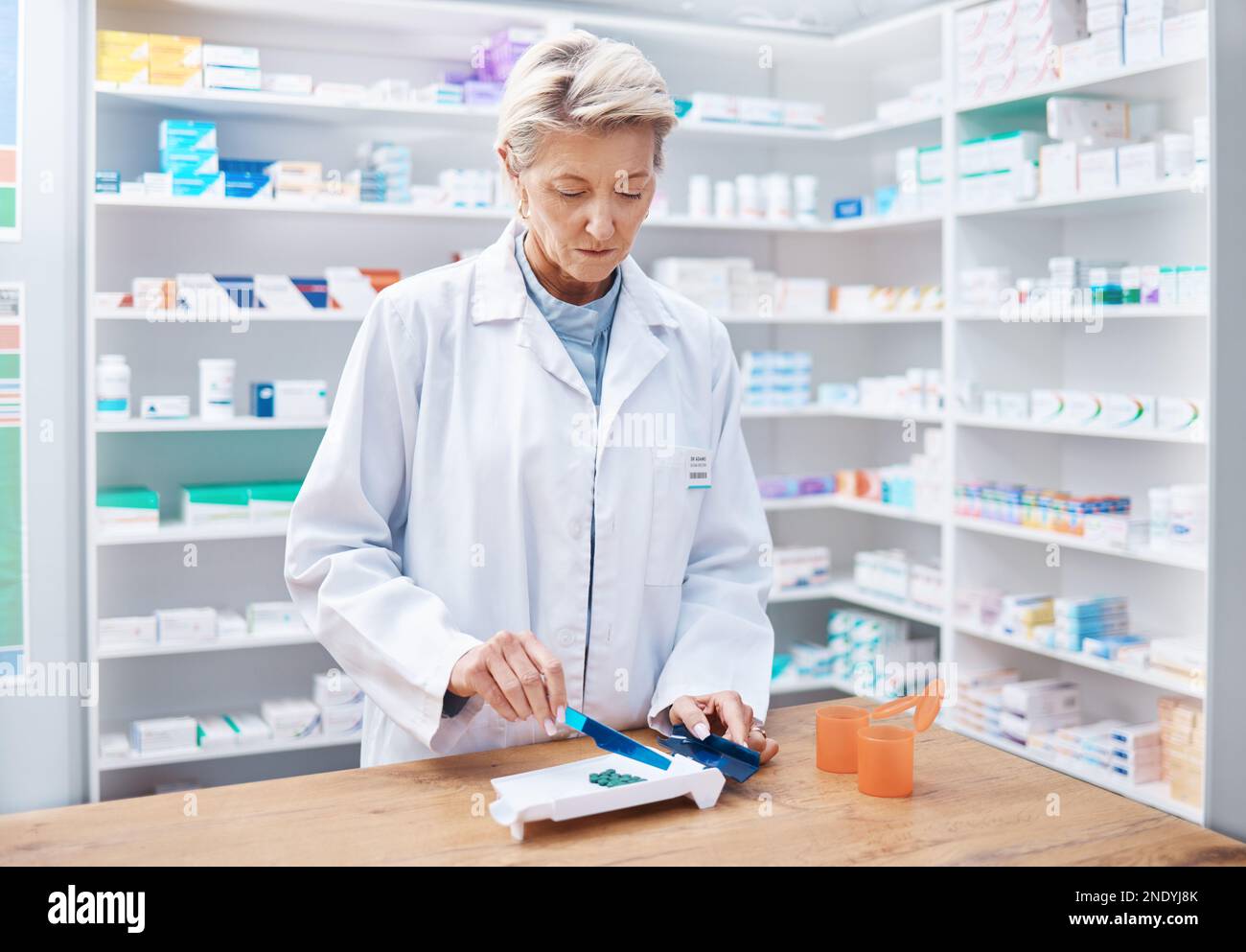 Pharmacy woman, pills and counting in store for stock, product and ...