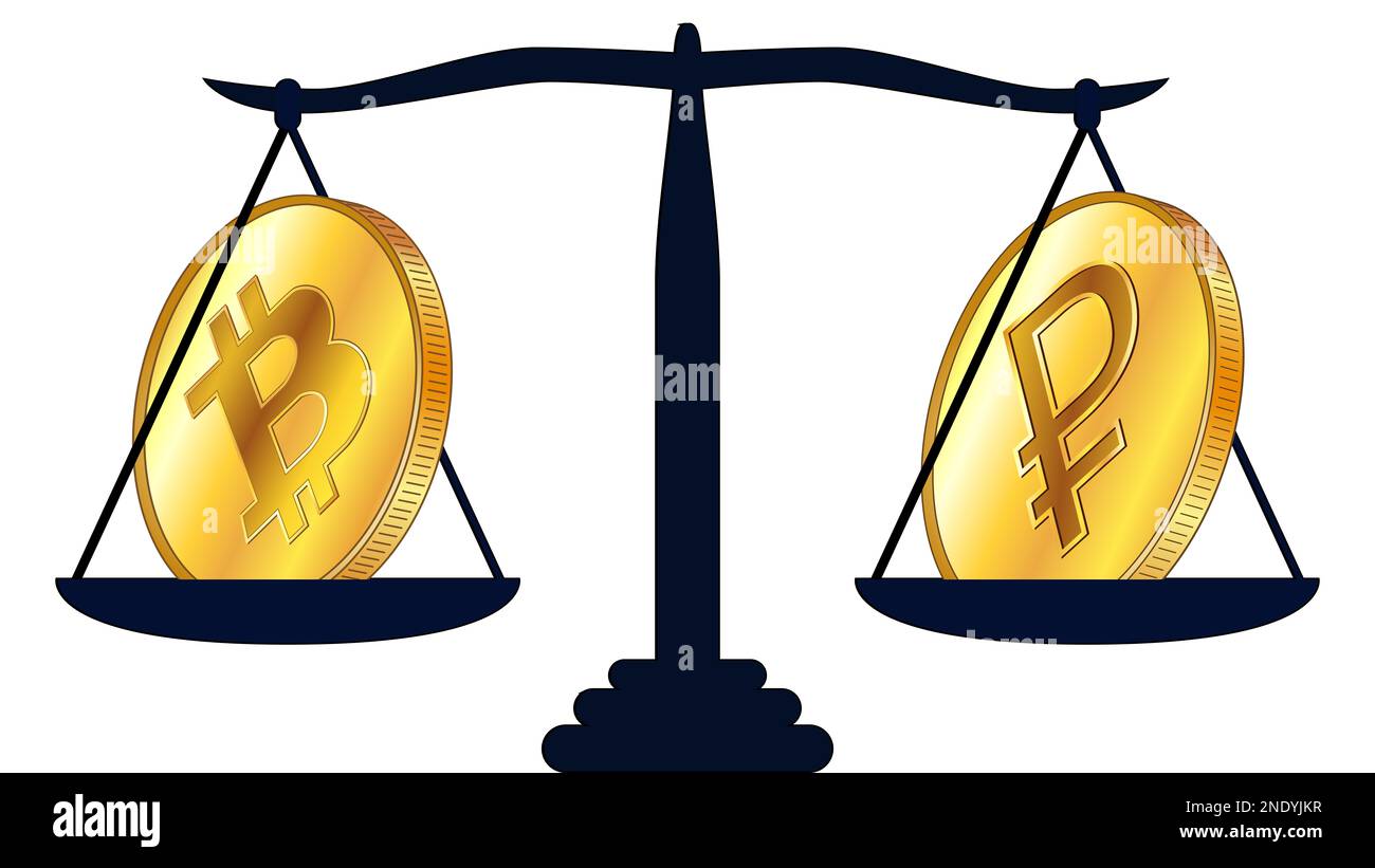 Gold coin of Bitcoin BTC and russian Ruble RUB on scales isolated on ...