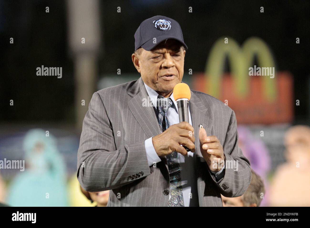 Hall of Famer Willie Mays speaks during dedication ceremonies for the Hank Aaron Childhood Home ...