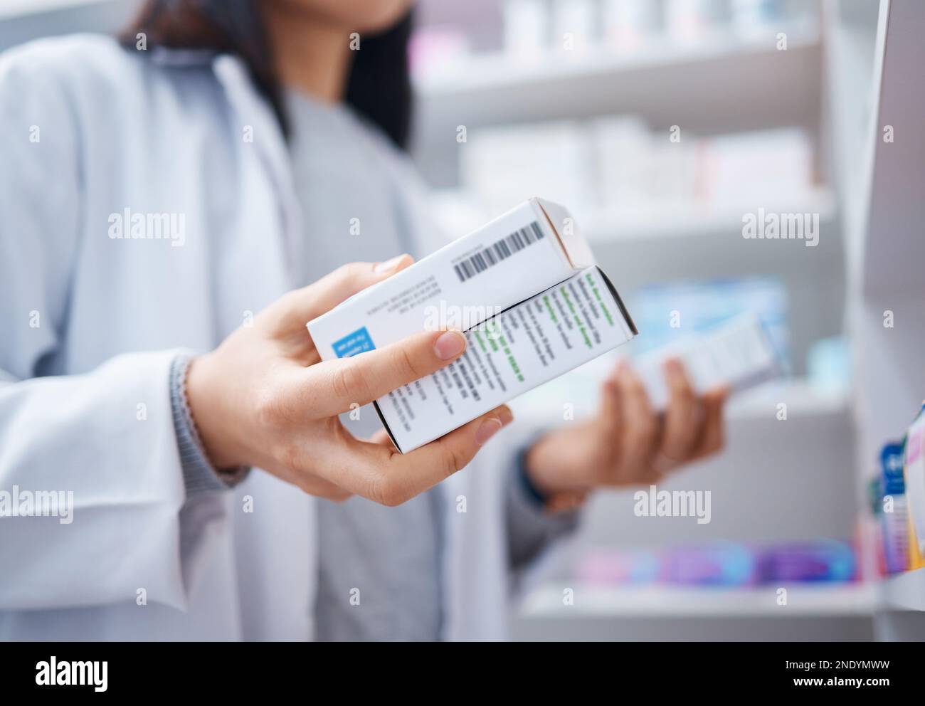 Pharmacy, healthcare and hands of pharmacist with medicine, pills and ...