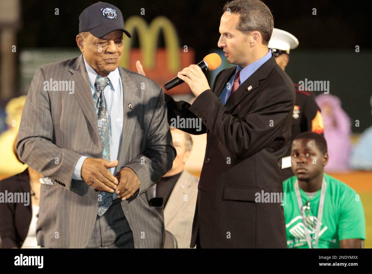 Hall of Famer Willie Mays is introduced by Hall of Fame president Jeff Idleson during dedication ...