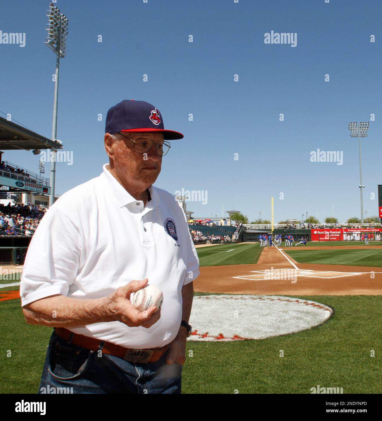 Bob Feller, Hall-of-Fame pitcher, at a spring training baseball game ...