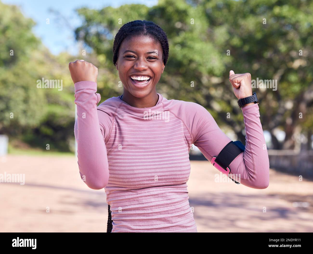 Fitness success, runner portrait and black woman with a smile from ...
