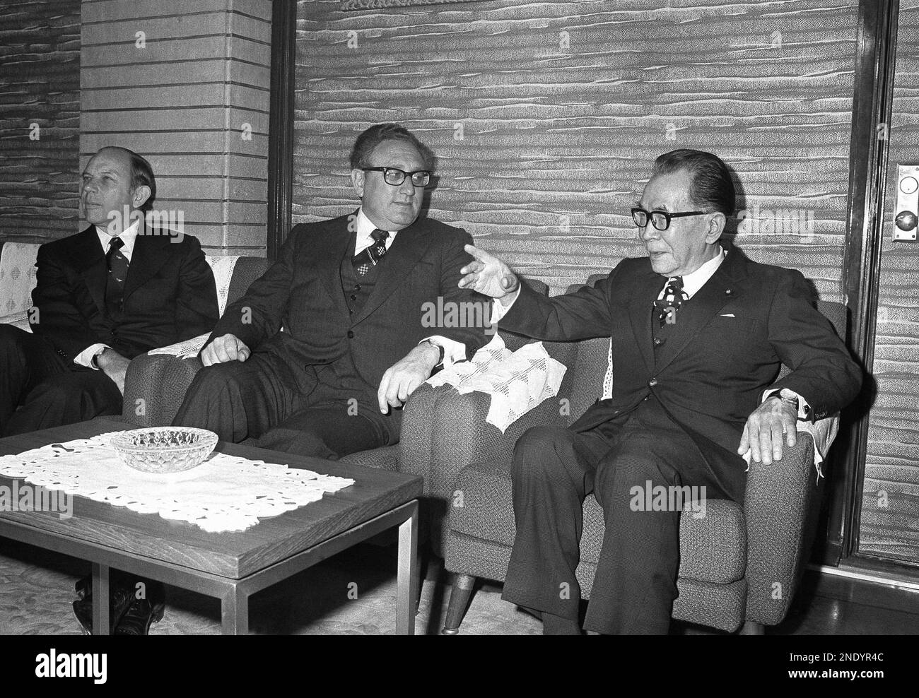 Japanese Prime Minister Takeo Miki gesticulates as he talks with ...