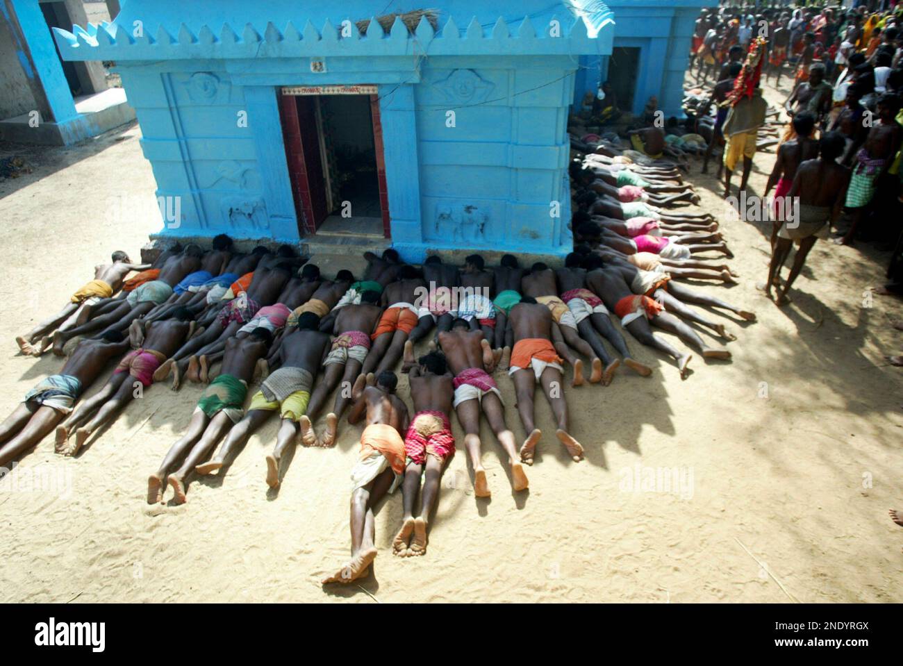 Indian villagers prostrate themselves at a Hindu temple before they ...