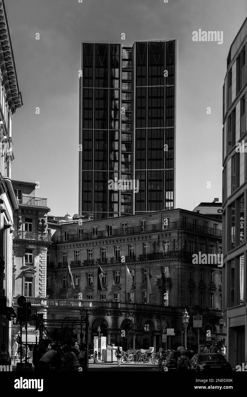 A vertical grayscale of the Bank Tower in Frankfurt, Germany Stock ...