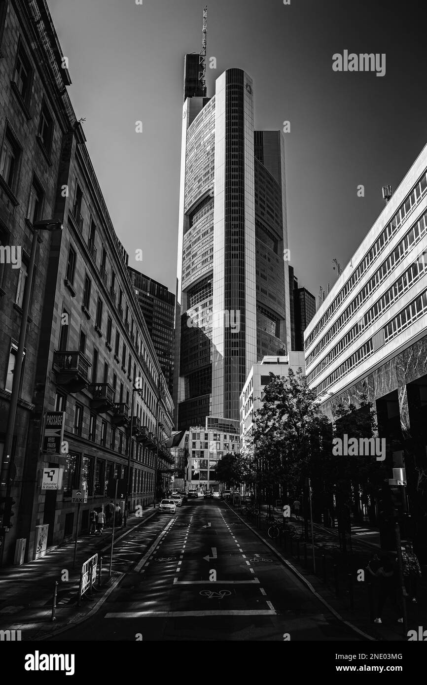 A vertical grayscale of the Bank Tower in Frankfurt, Germany Stock ...