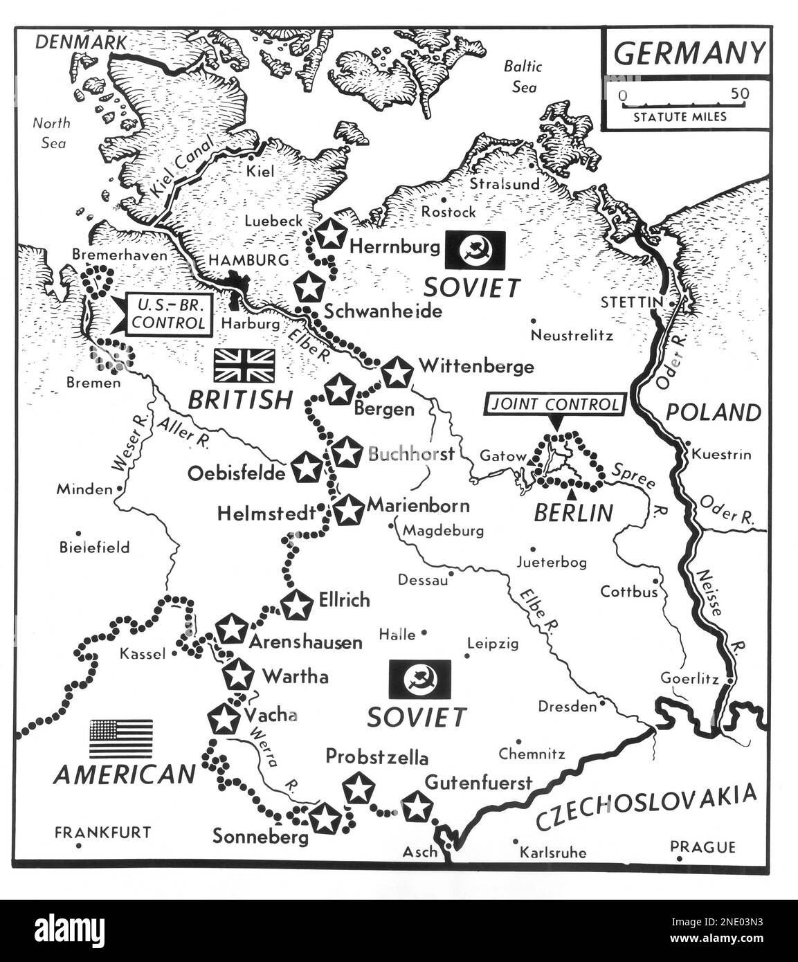 Star symbols mark most of the cities and towns on Soviet zone border in ...