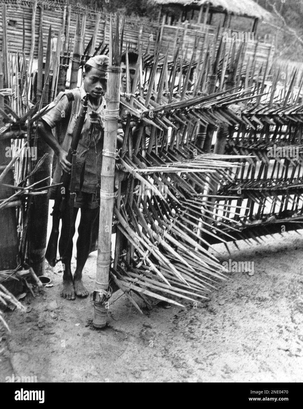 A Moi partisan guards the palisade of a rubber plantation near Dinh ...