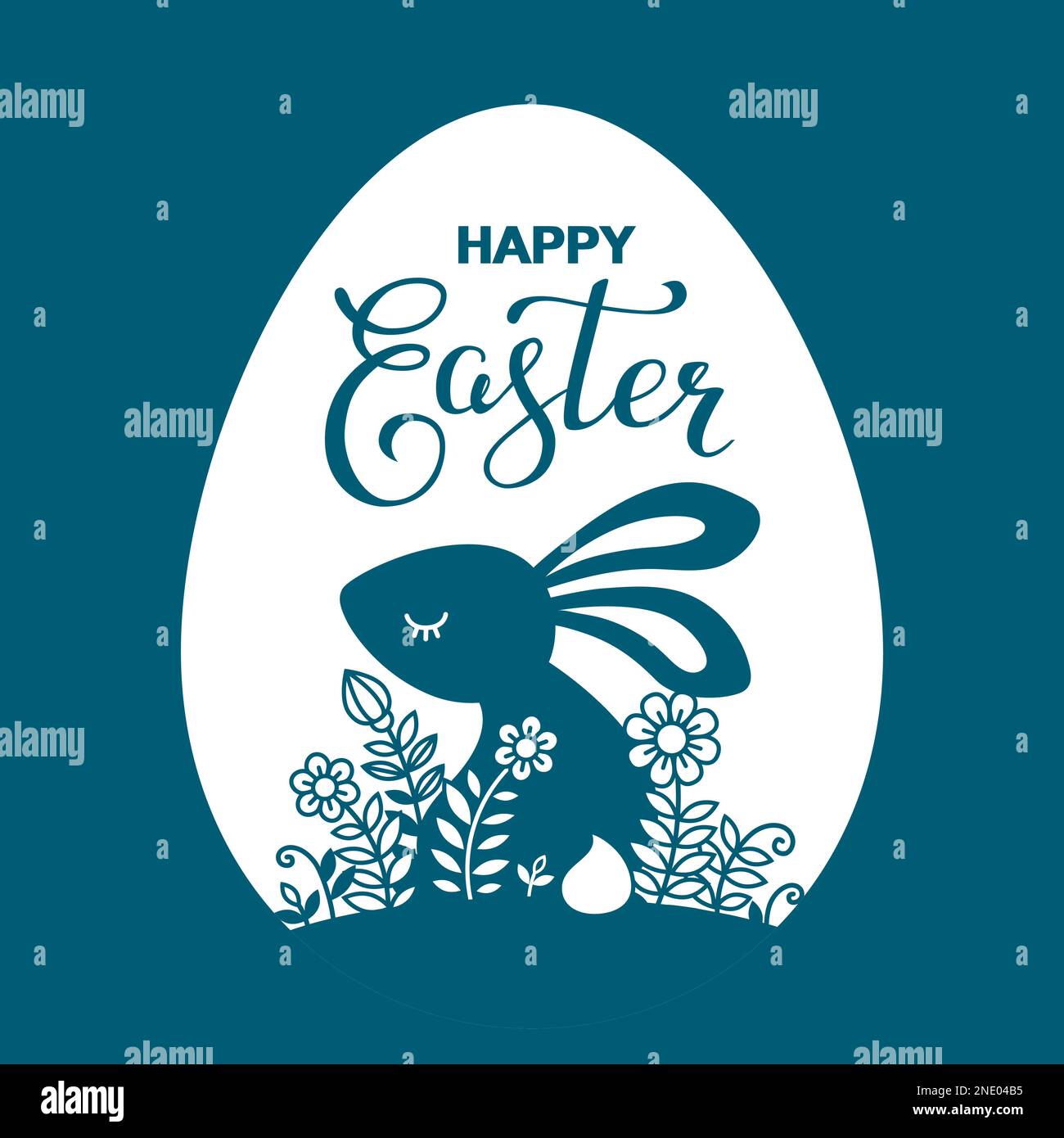 Vector silhouette illustration with bunny and flowers. Beautiful card ...