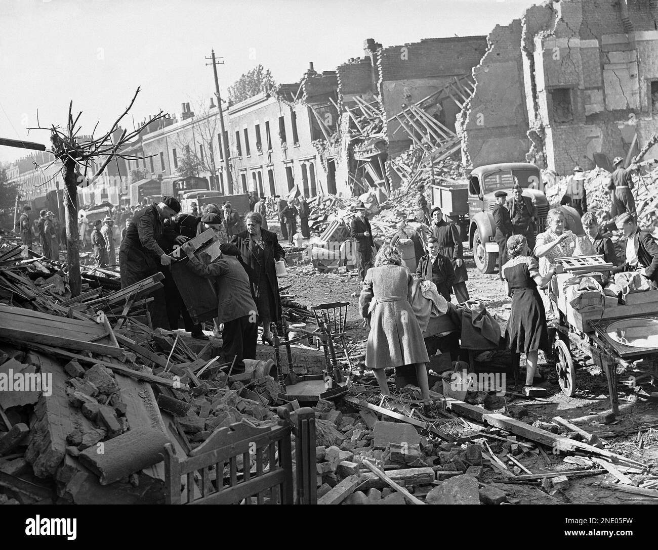 A view of a bombed and blast-damaged street in Camberwell, London on ...