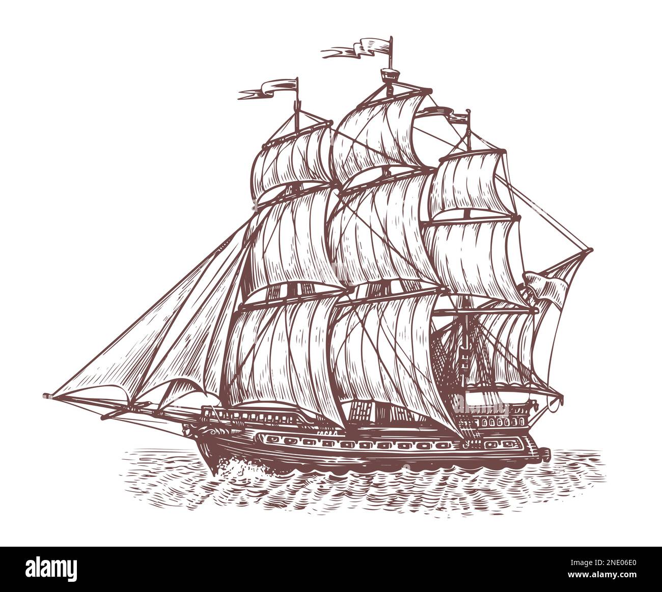 Retro ship sails on waves of sea. Sailboat sailing, side view. Vintage ...