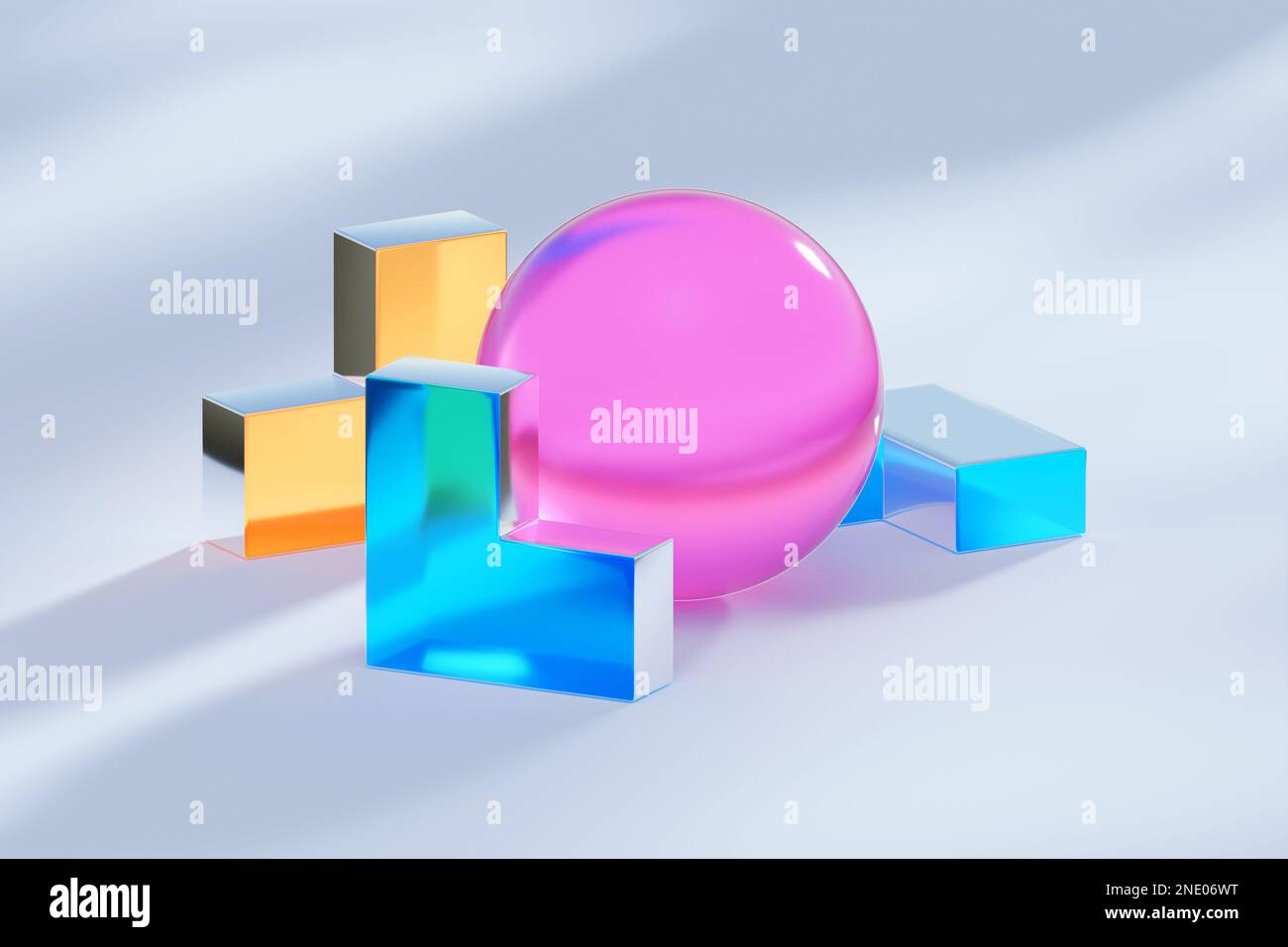 Product stand, pedestal, frame around flying spheres under blue and ...