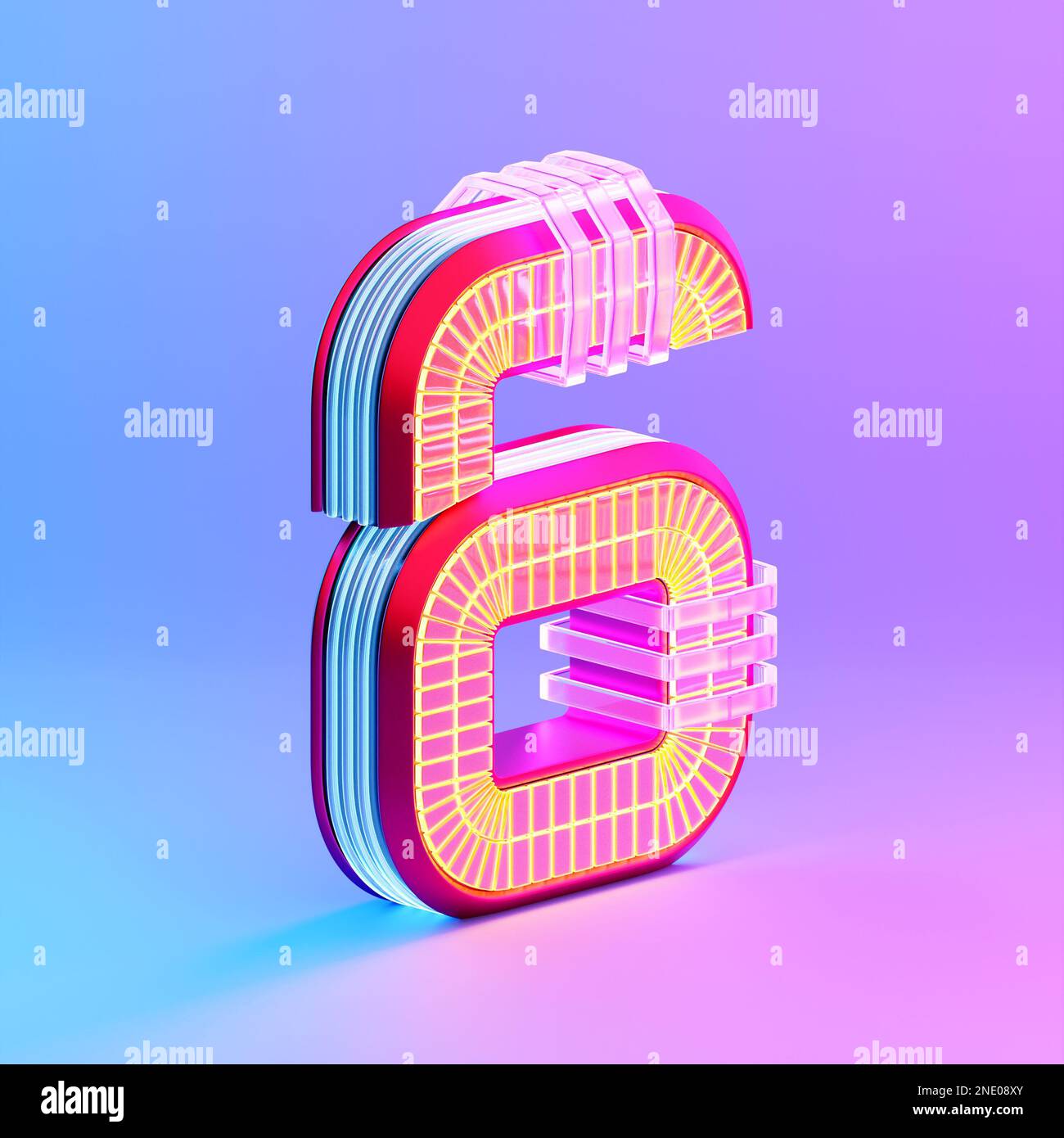 3D illustration, Number 6 six over c neon lights on pink background ...