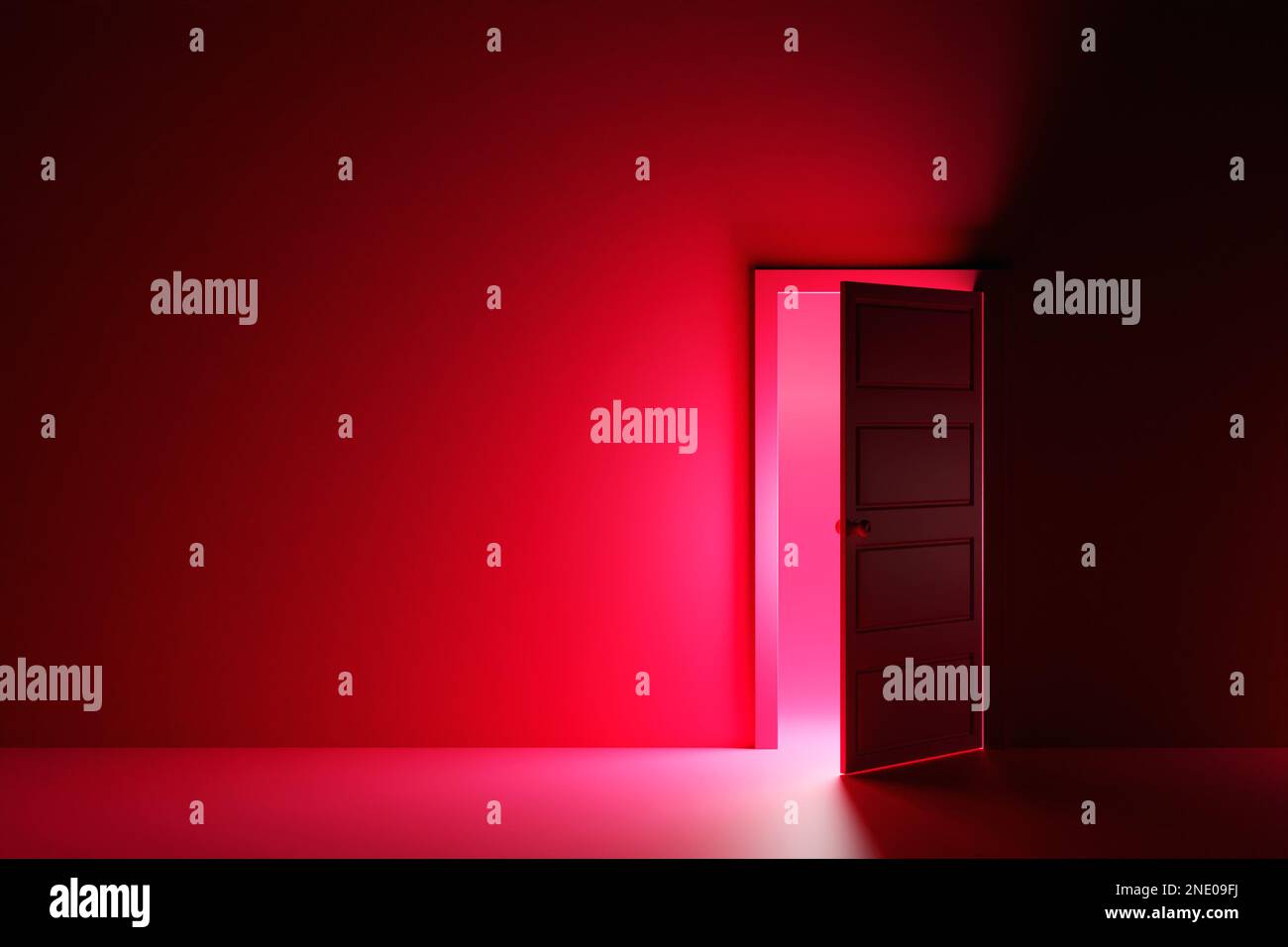 3d illustration of open door from which pink light shines in a dark ...