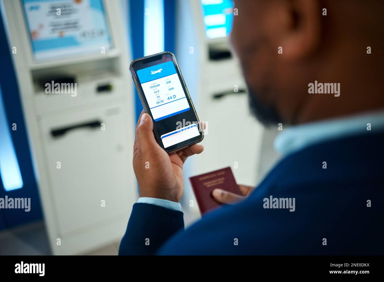 Airport, phone screen and hands for booking online ticket, schedule ...