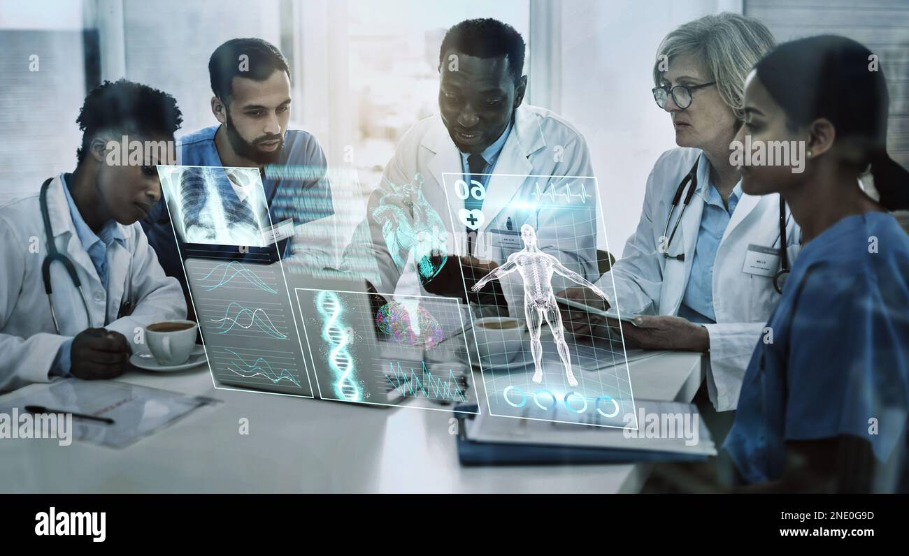 Laptop, team work or doctors in meeting with 3d holographic overlay for ...