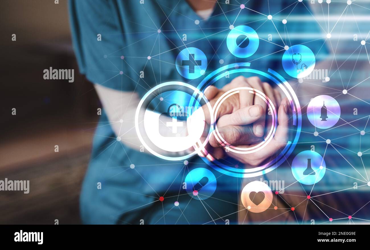Support, overlay or nurse holding hands of patient with healthcare life ...