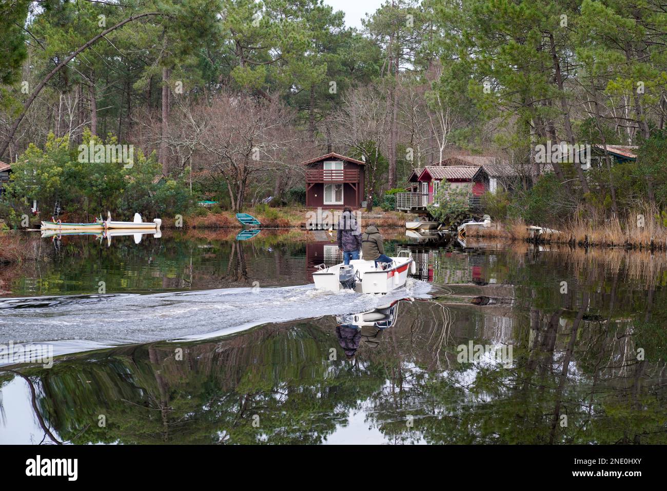 small boat in water bay Marina de Talaris on Lake Lacanau Stock Photo ...