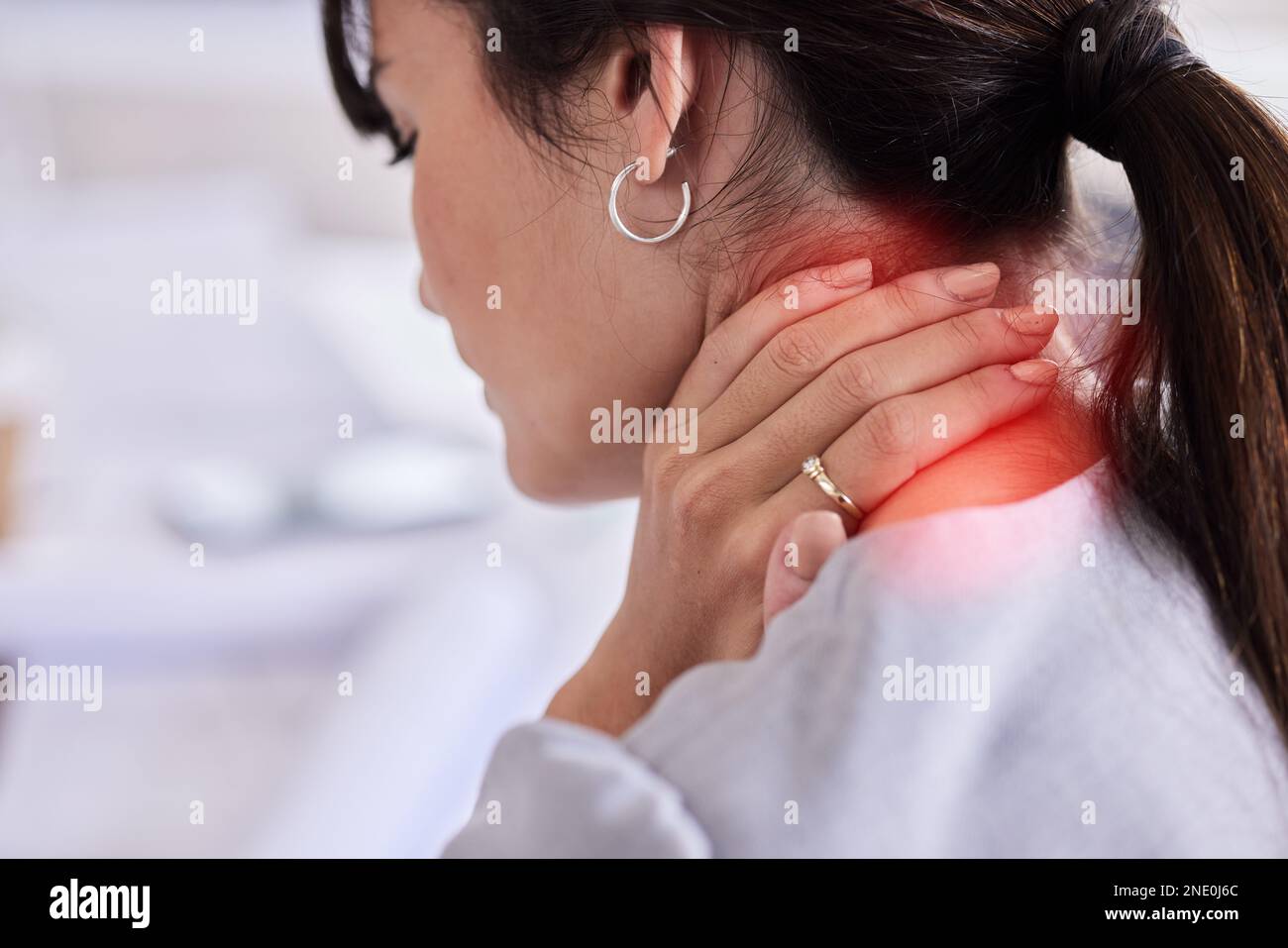 Hand, neck and injury with a business woman to holding her back in pain ...