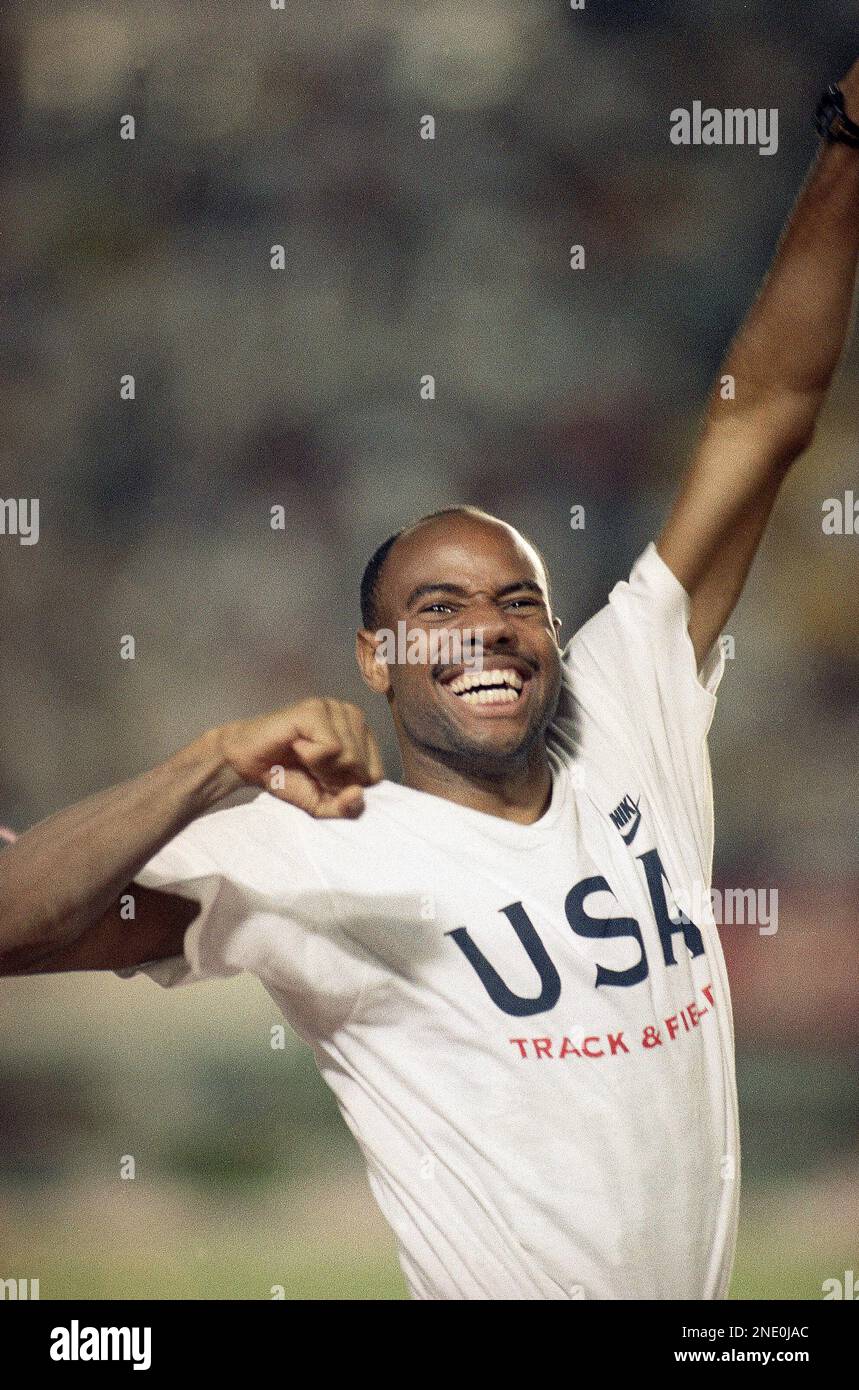 Mike Powell of the U.S. celebrates his world record in the men's long ...