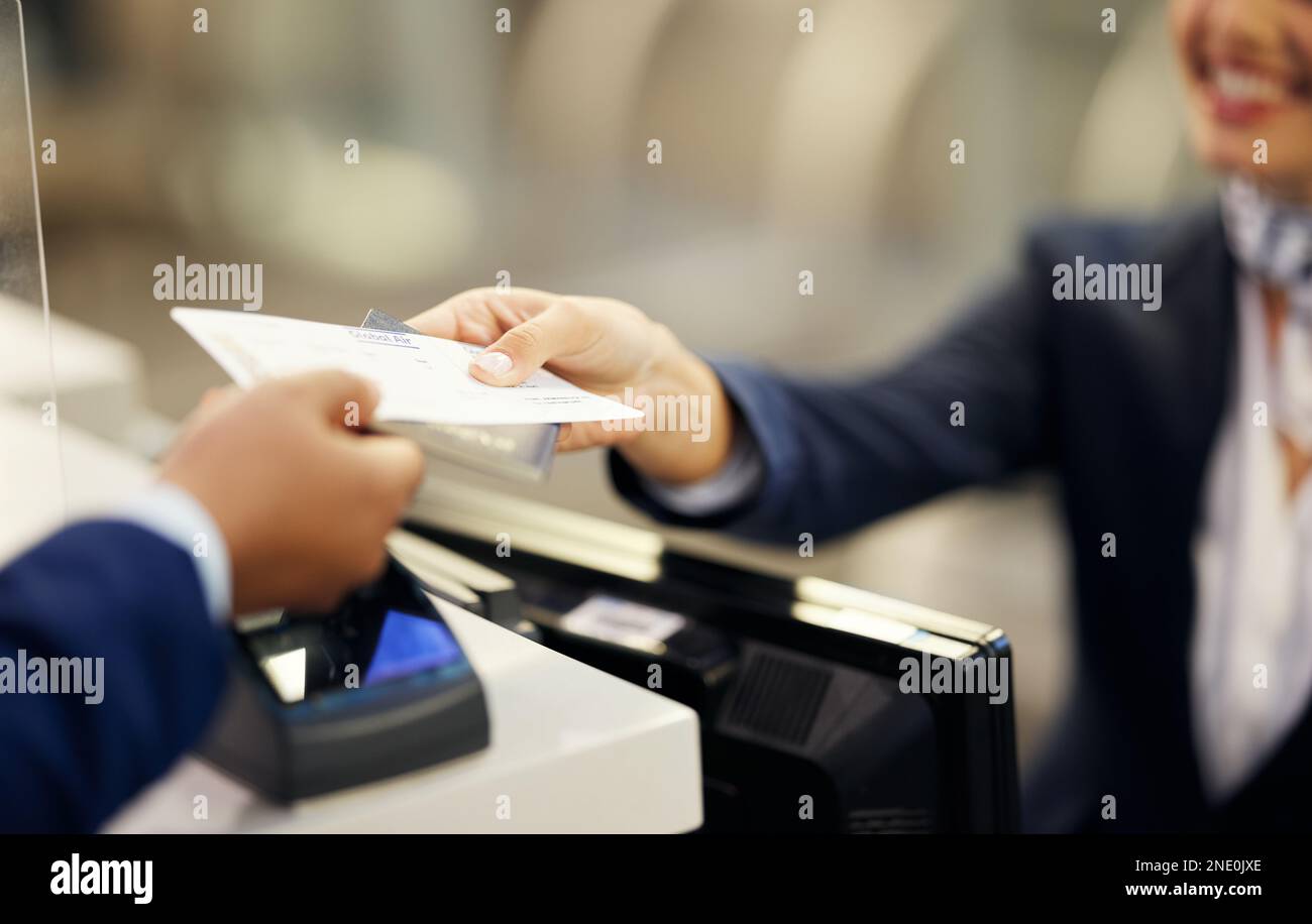 Hands, airport and passenger assistant with ticket, passport or ...
