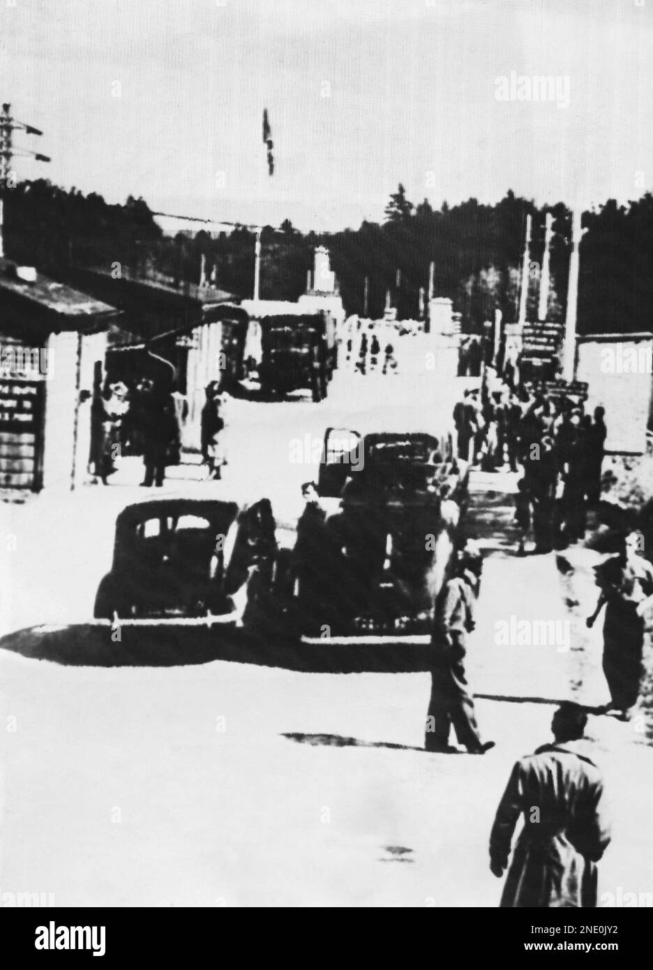 Allied motor cars stand on the autobahn at Helmstedt, Germany ...