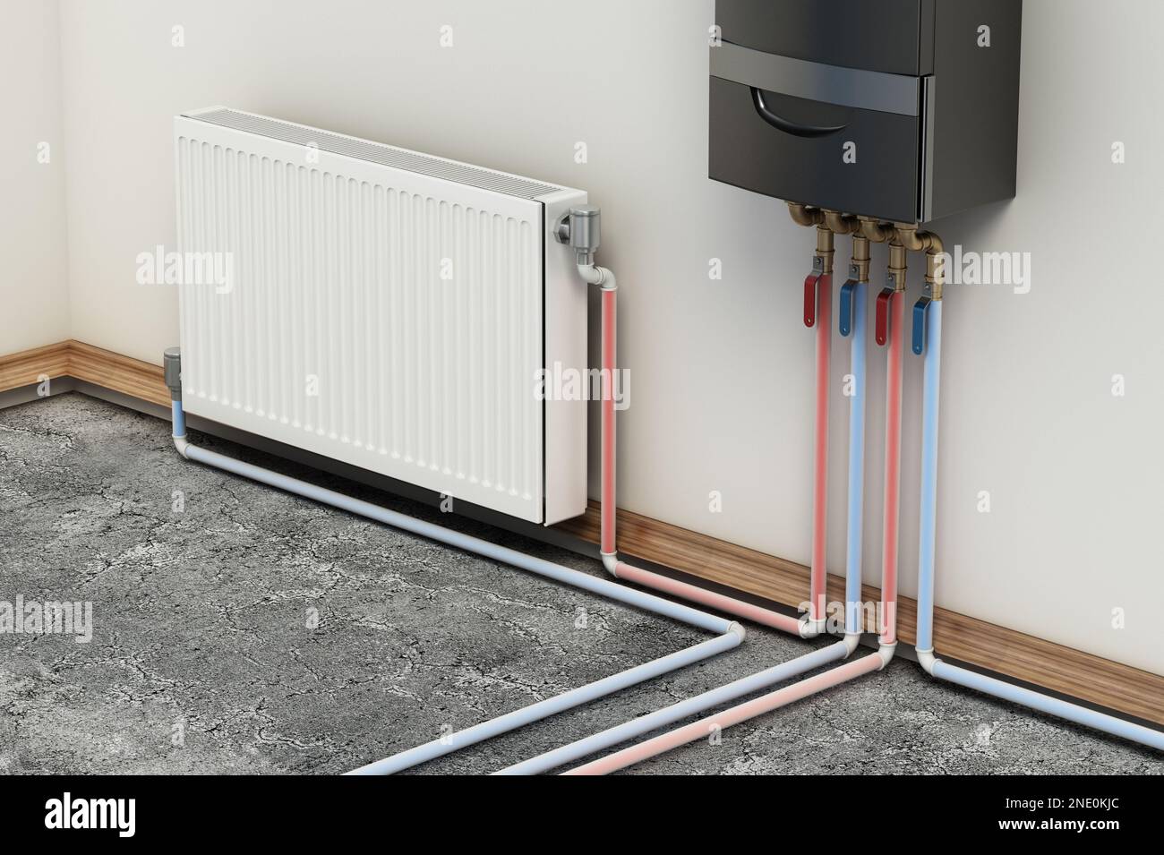 Combi boiler on the house wall, next to the heating radiator. Radiator ...