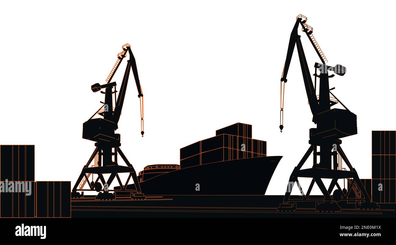 Silhouette commercial port with container ship at the pier and cargo ...