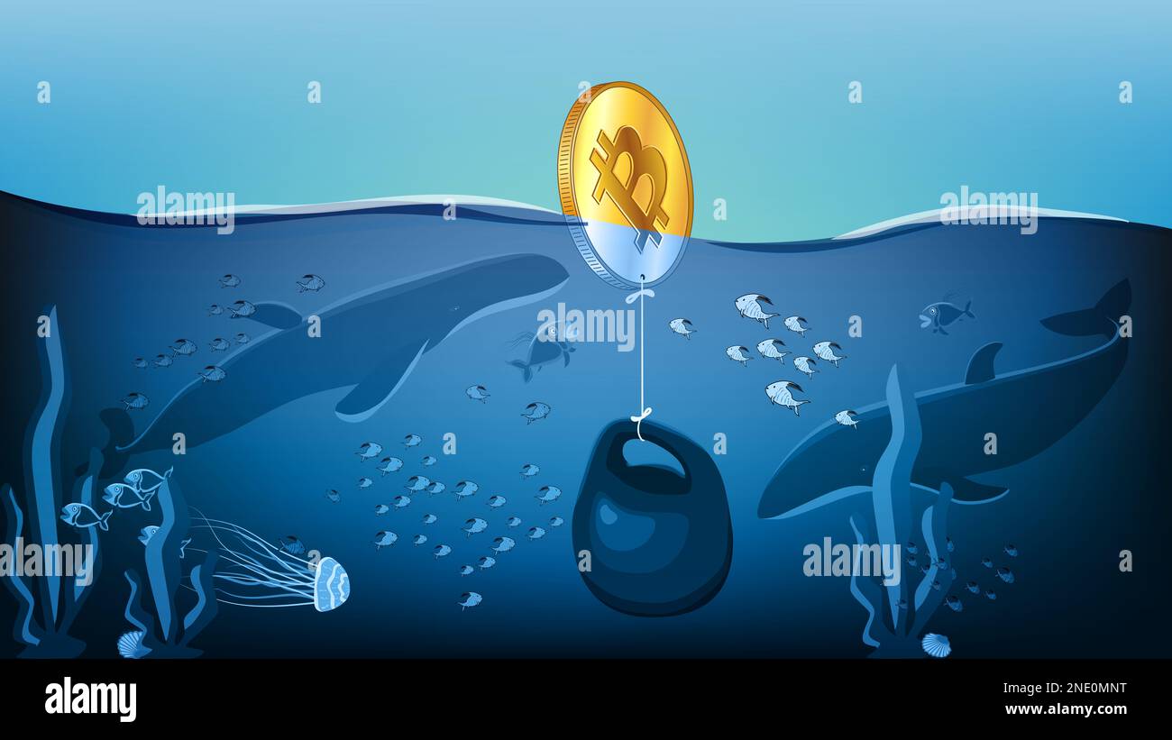 BTC gold coin is pulled to bottom of ocean with heavy weight where ...