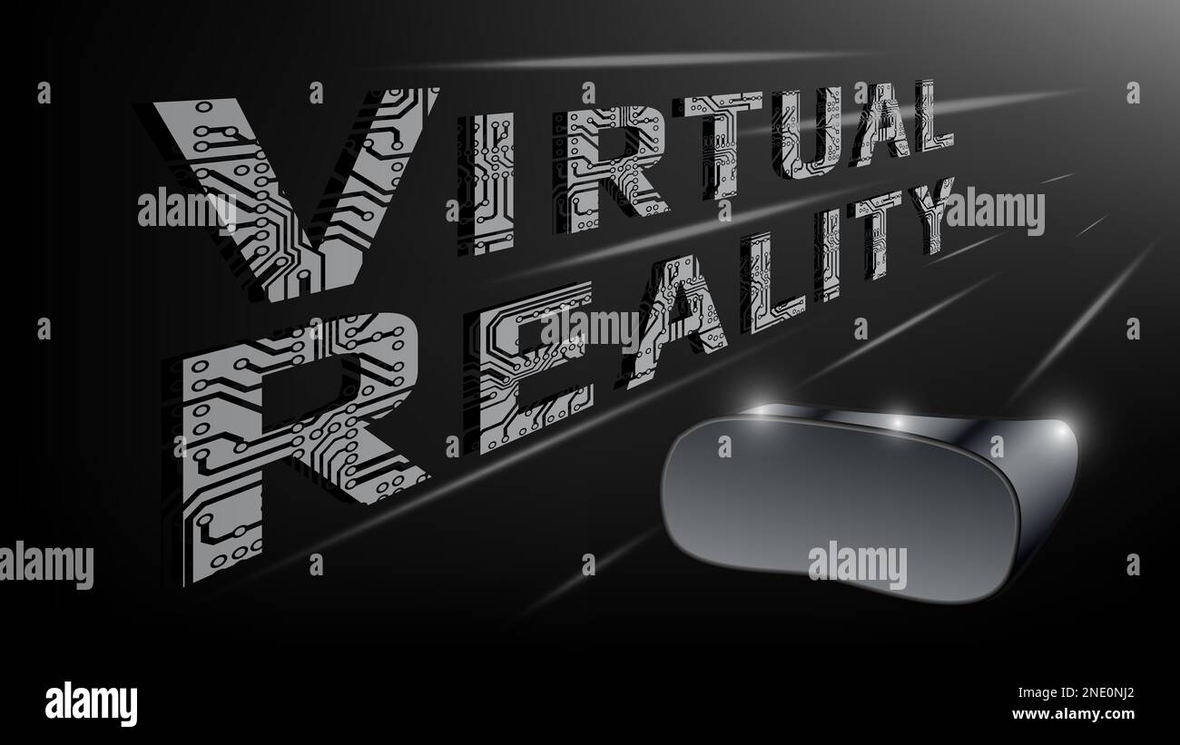 Futuristic digital text Virtual Reality with glasses in perspective on ...