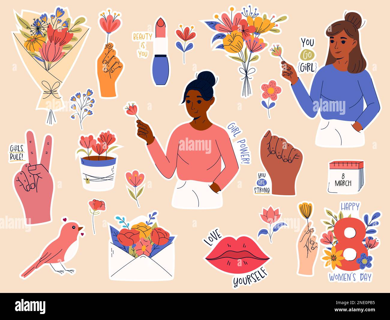 International women's day. 8 March. Sticker pack with girl power ...